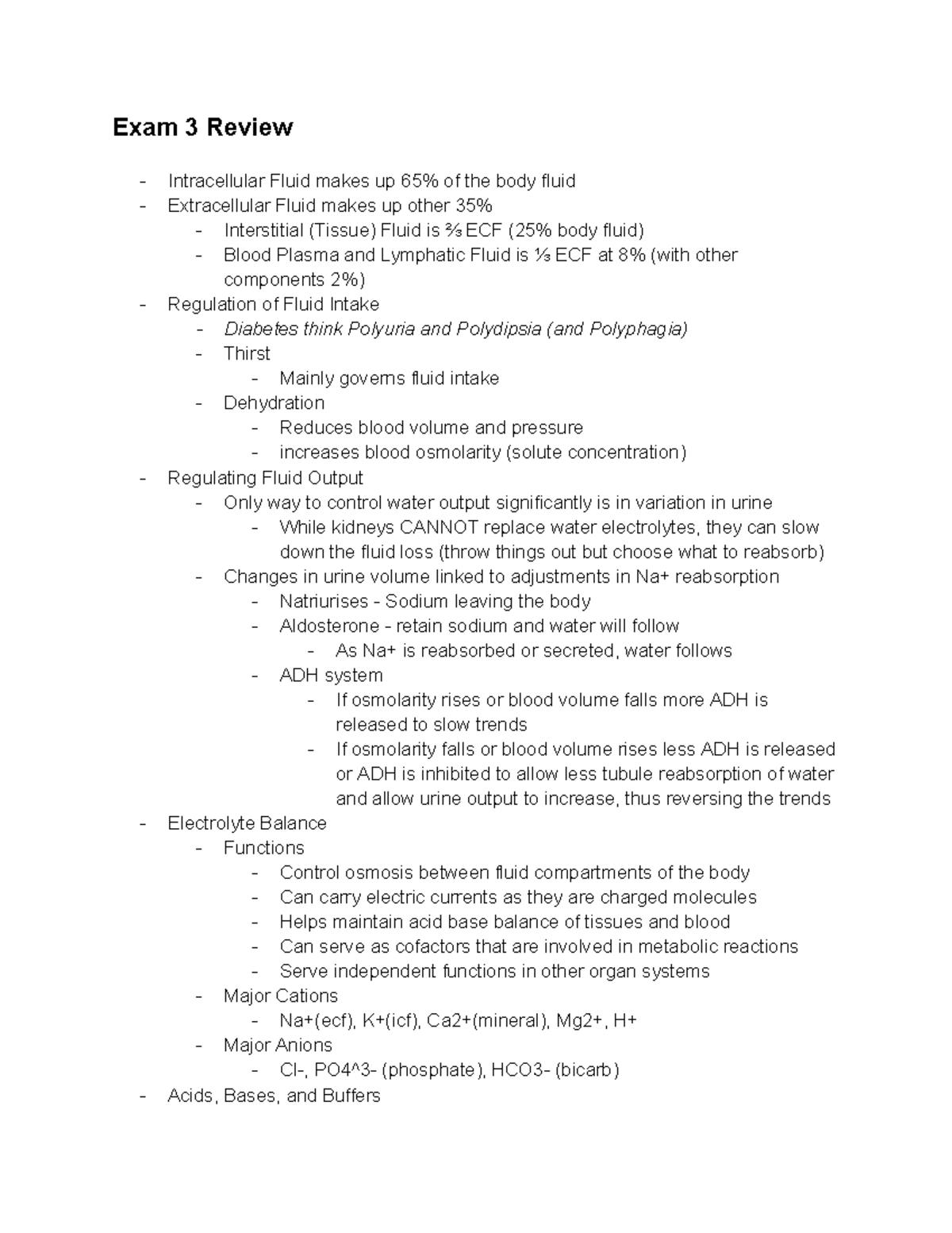 BIOS256 Exam 3 Review: Fluid Regulation and Acid-Base Balance - Studocu