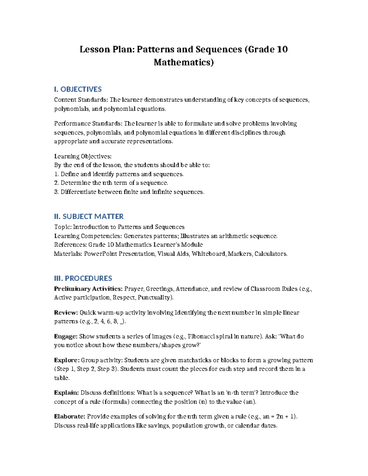Grade 10 Math Lesson Plan: Patterns & Sequences Overview - Studocu