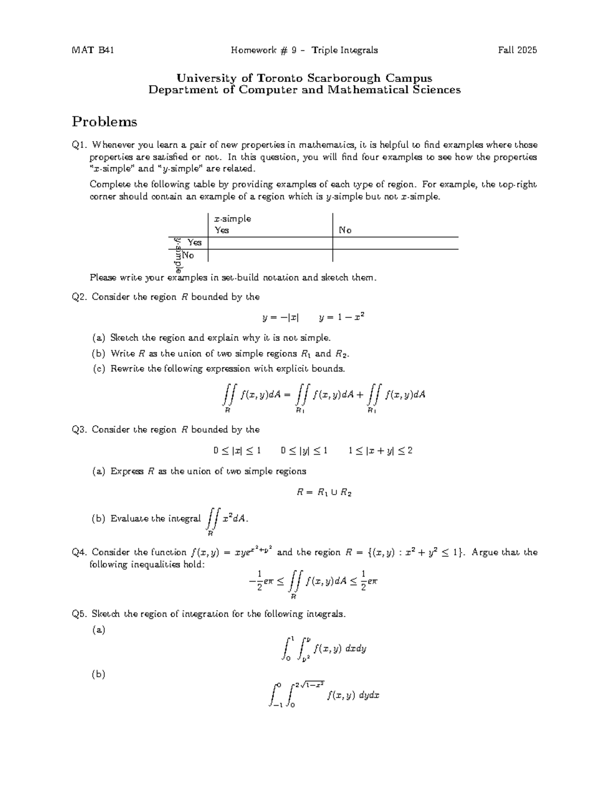 MAT B41 Homework 9: Triple Integrals & Probability Applications Fall ...