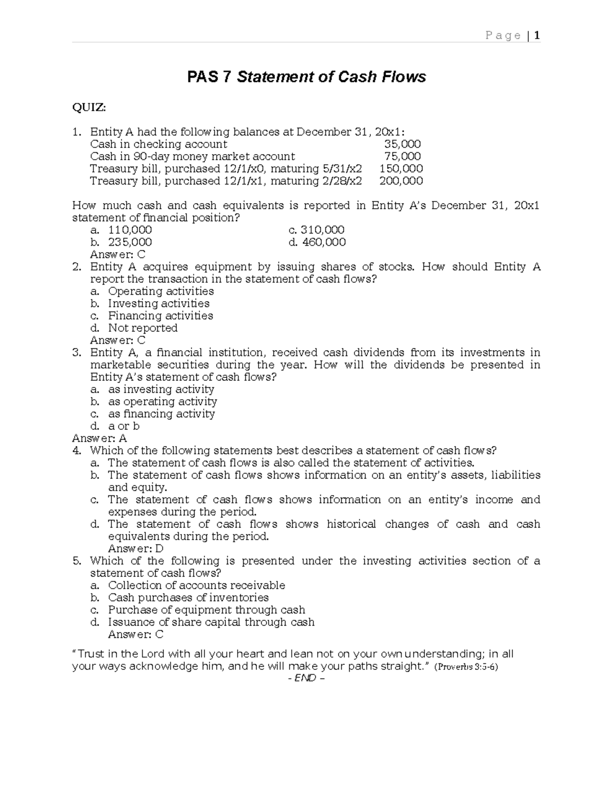 QUIZ PAS-7 Statement-OF-CASH- Flows - P a g e | 1 PAS 7 Statement of ...