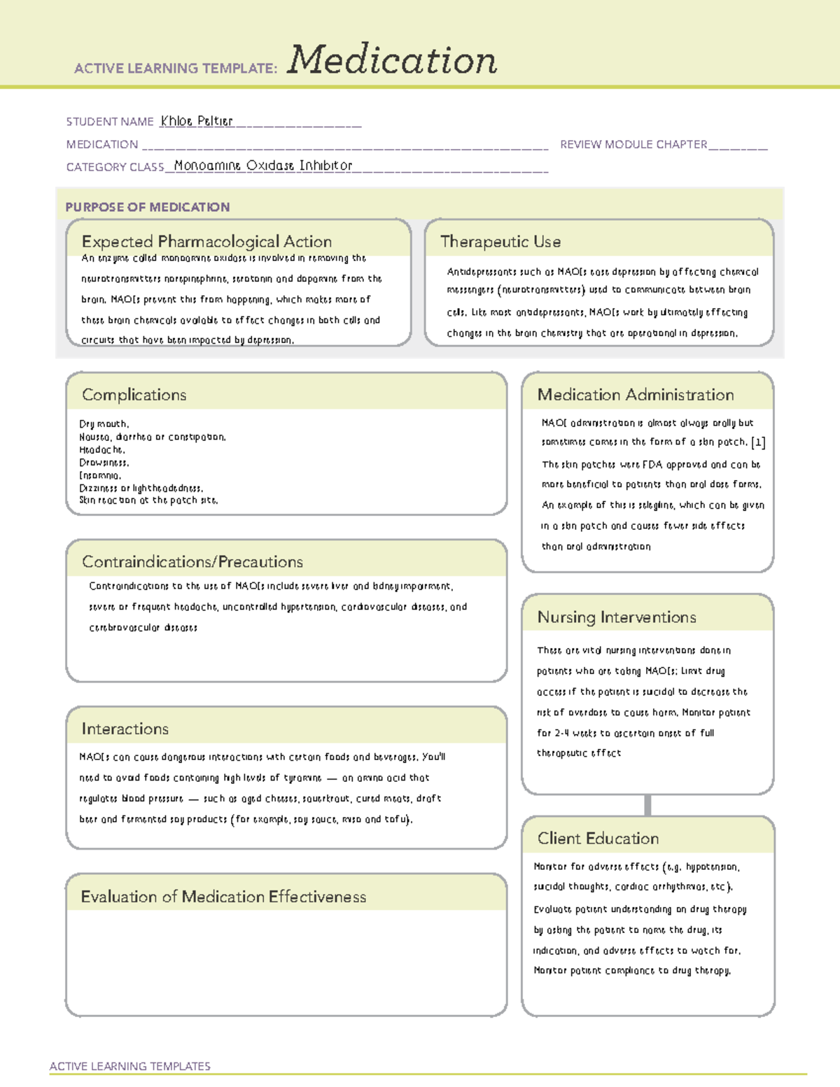 MAOIs (Monoamine Oxidase Inhibitors) - Medication Card Template - Studocu