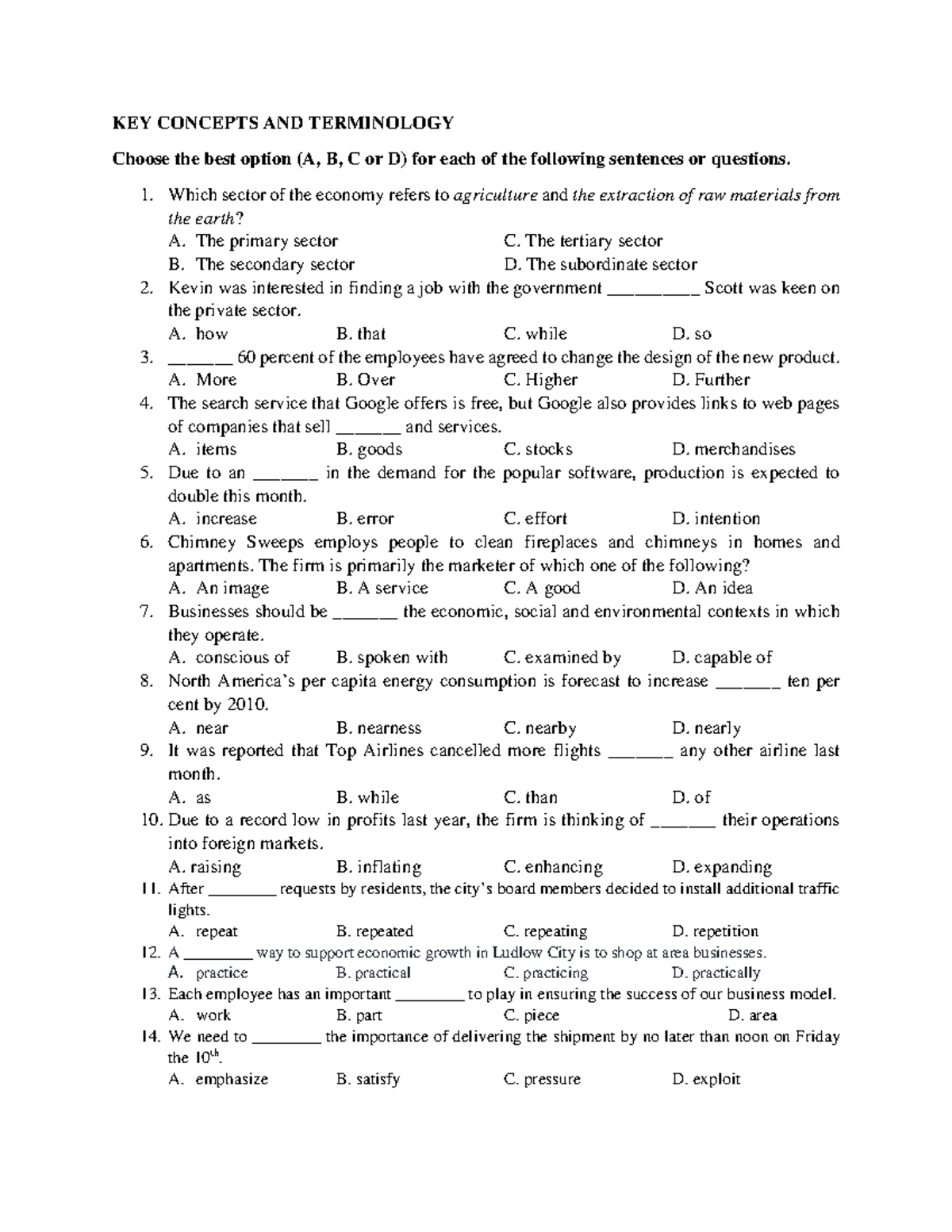KEY CONCEPTS AND TERMINOLOGY: Multiple Choice Questions for Practice ...