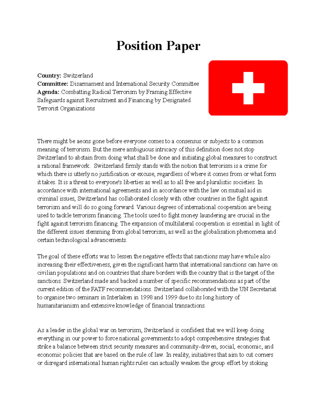 Position Paper - Position Paper Country: Switzerland Committee ...