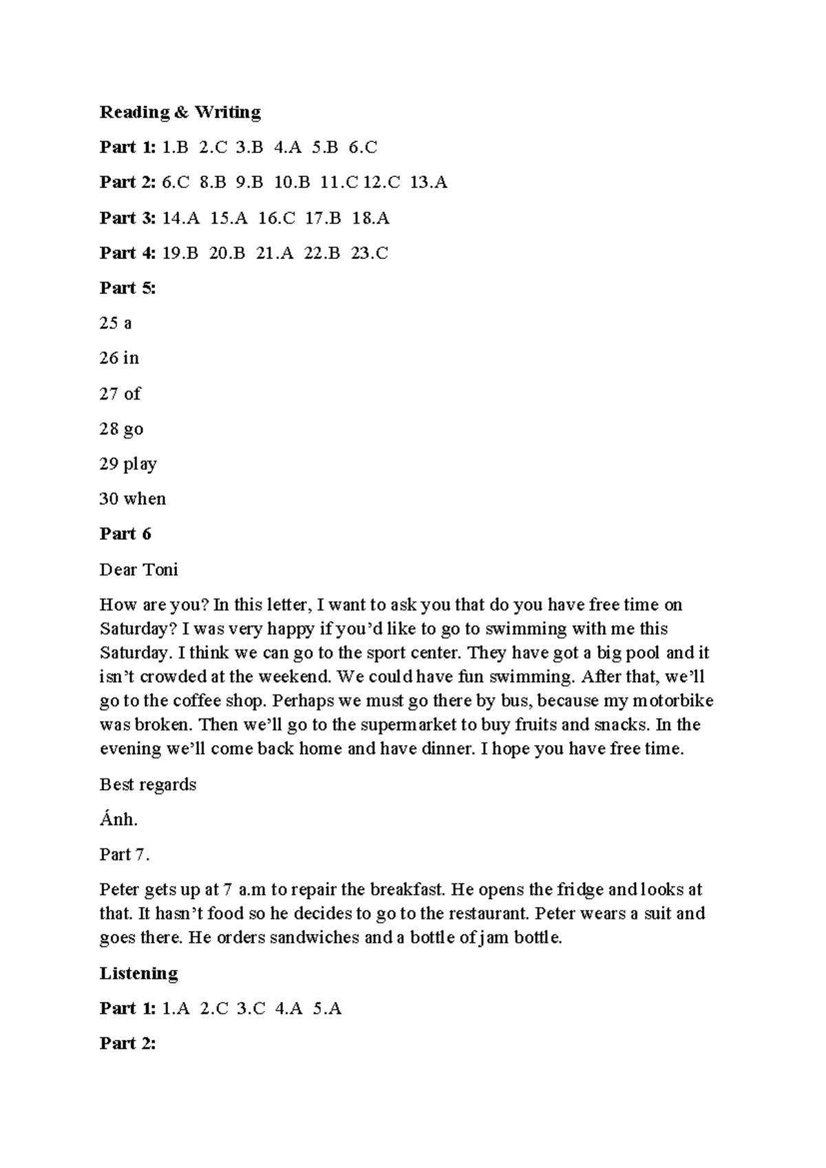 Reading & Writing Test: Answers & Sample Letter (Course Code: dfsdf ...