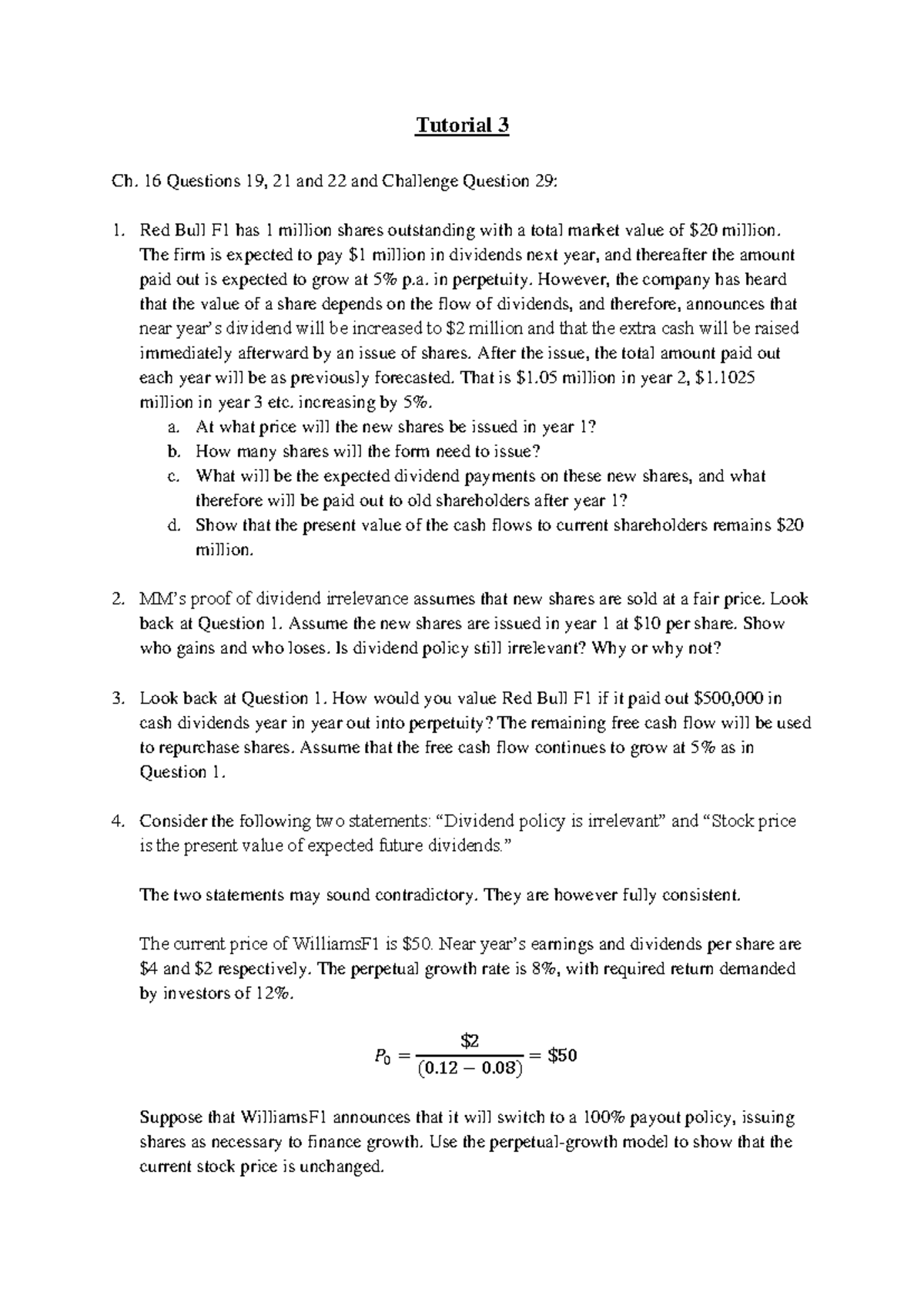 Tutorial 3 - Questions for TUTE 3 - ADL UNI - CORPFIN 3507 - Tutorial 3 ...