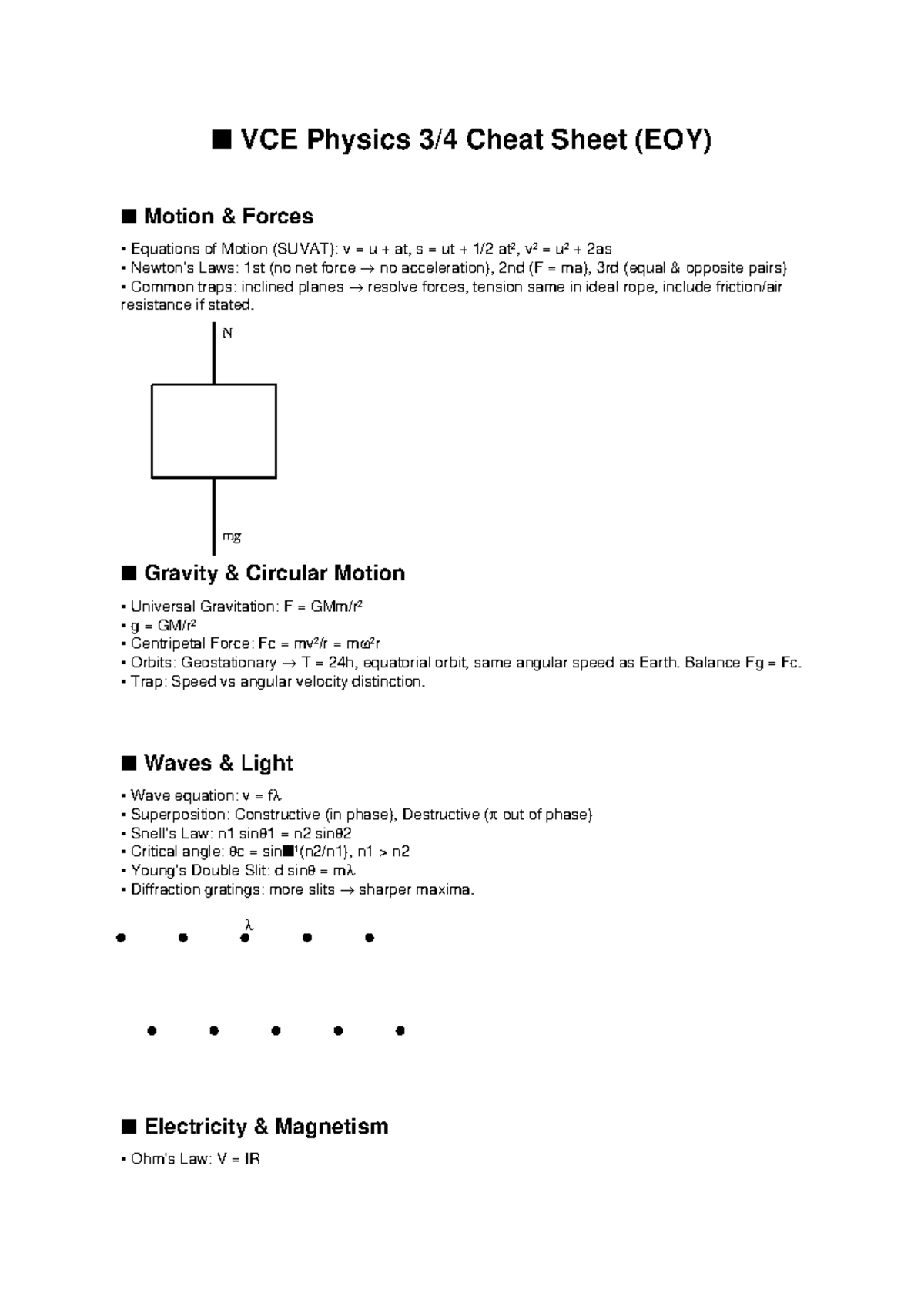 VCE Physics 3/4 EOY Cheat Sheet: Motion, Forces & Waves - Studocu