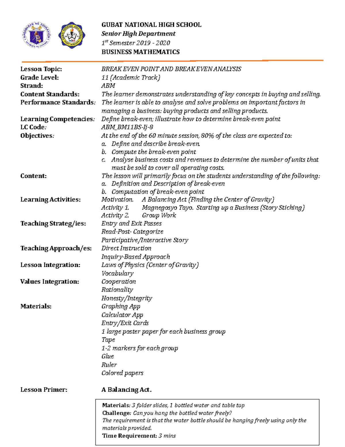Lesson Plan: Break-even Analysis in Business Math (ABM) - Studocu