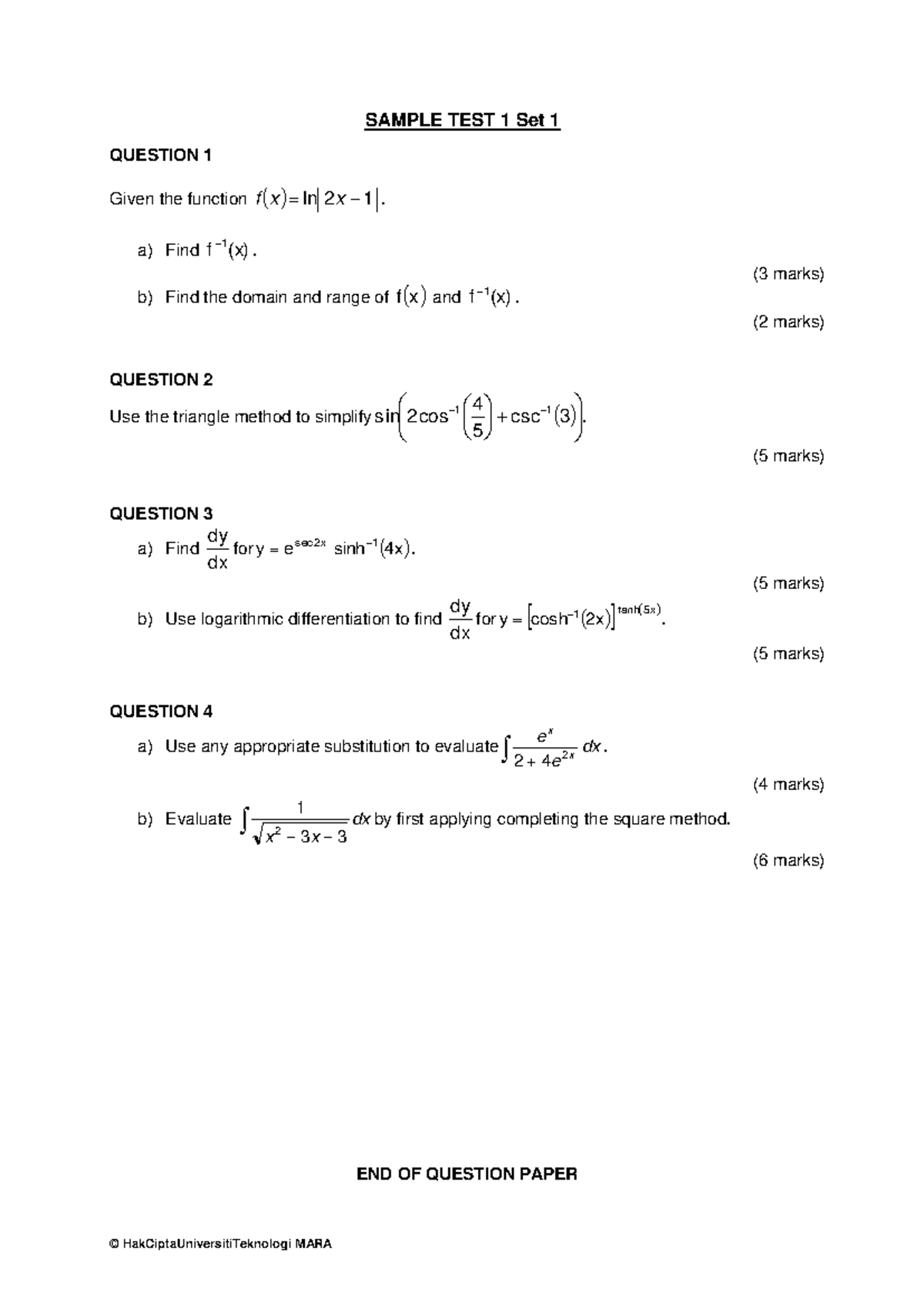 Sample Test 1 2021 - Mathematics Exam Preparation - Studocu