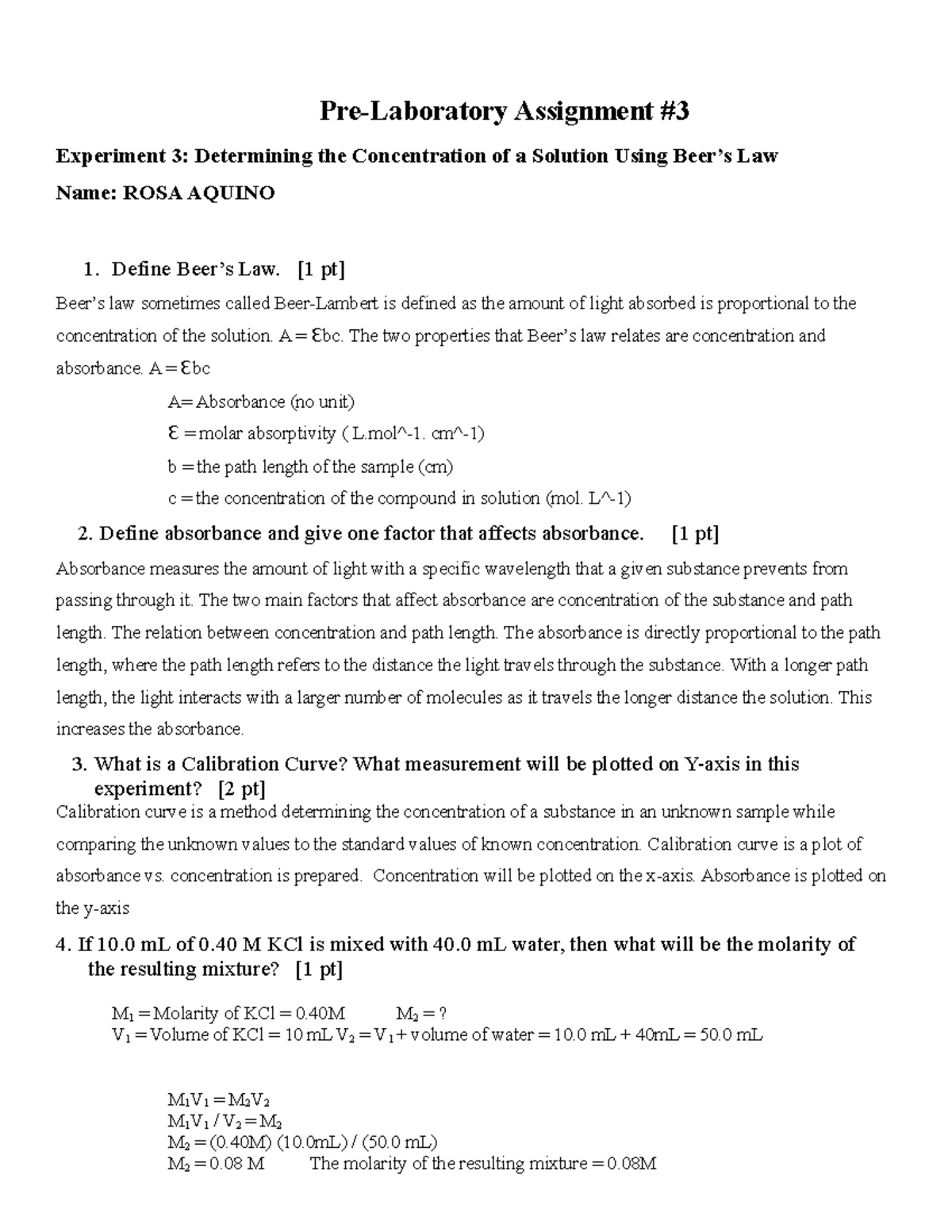 Pre-Lab 3 Determining the concentration of a solution using beers law ...