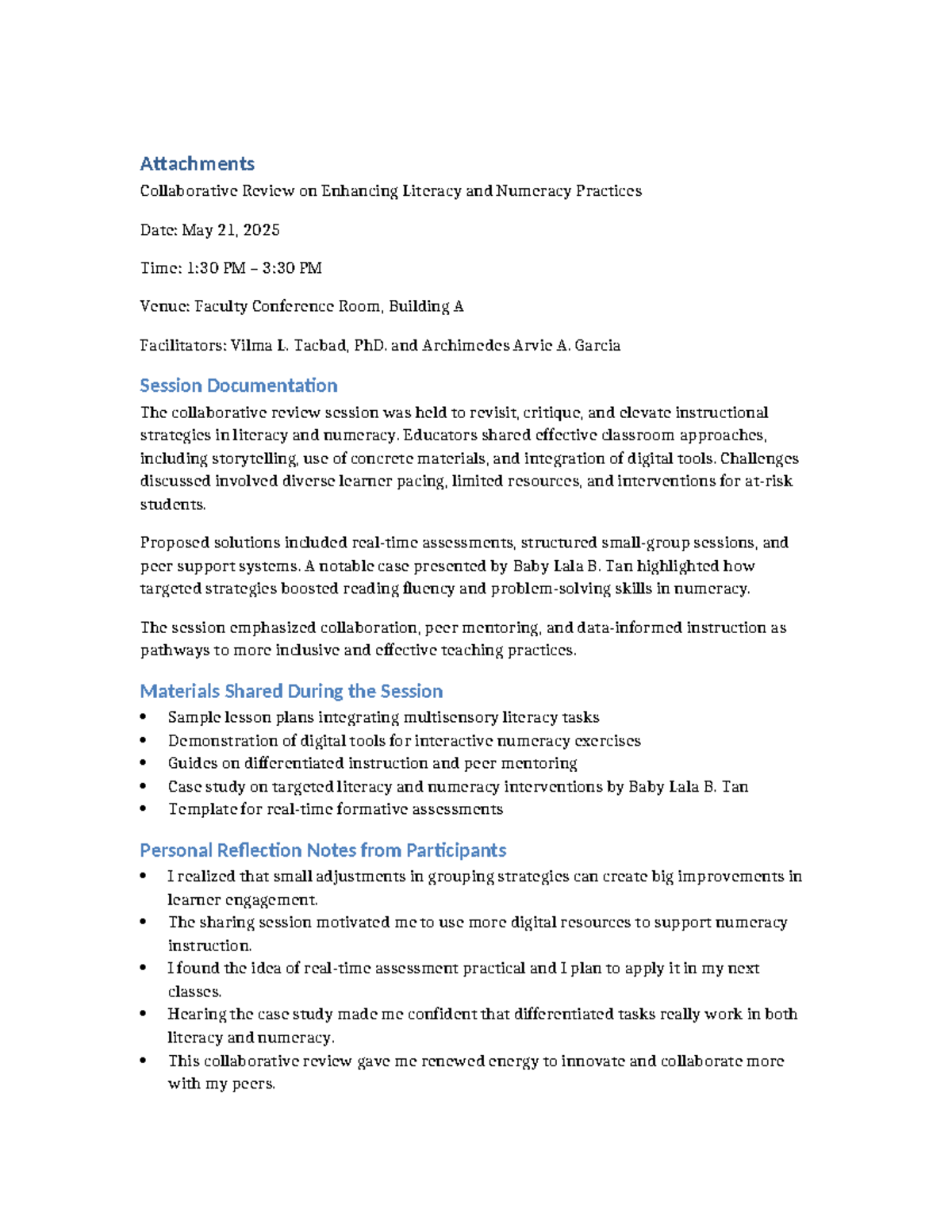 COLLABORATIVE REVIEW: Enhancing Literacy & Numeracy Practices - Studocu