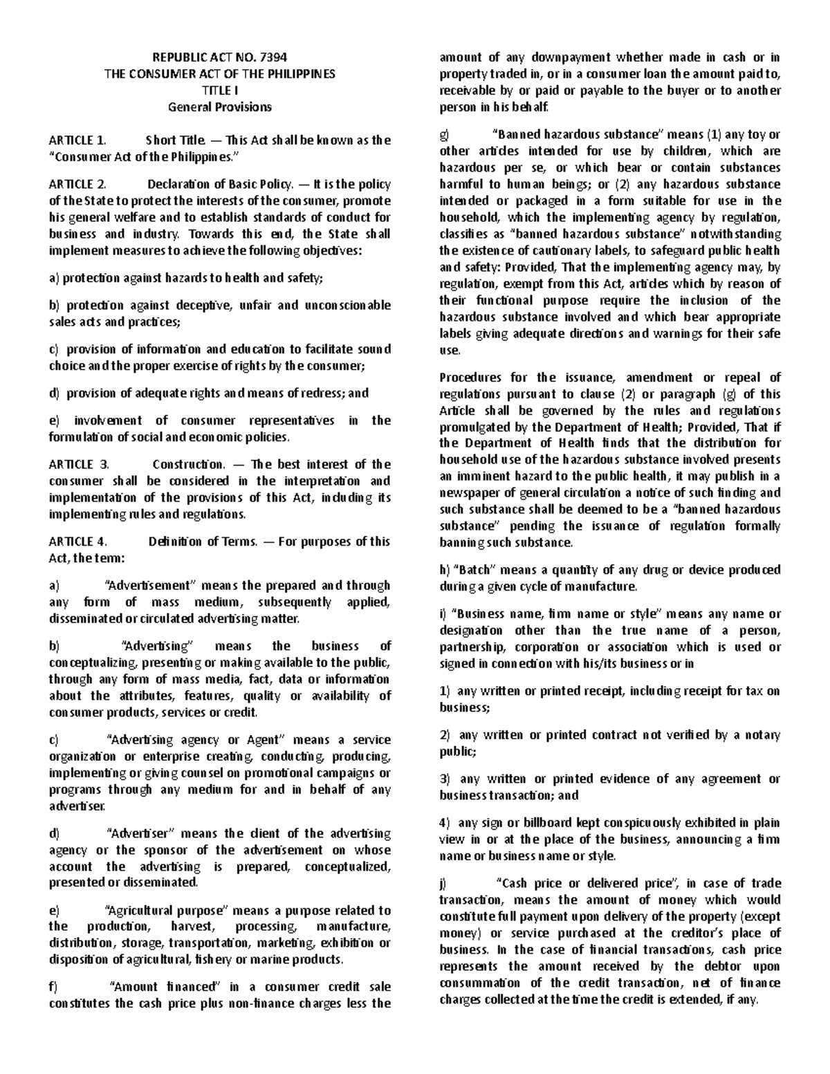 RA 7394 The Consumer Act of the Philippines - REPUBLIC ACT NO. 7394 THE ...