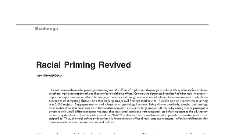 Racial Priming and Implicit Messages in American Politics: A Review ...