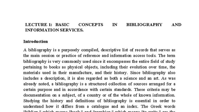 LECTURE 1: INTRODUCTION TO BIBLIOGRAPHY CONCEPTS AND PHILOSOPHY - Studocu