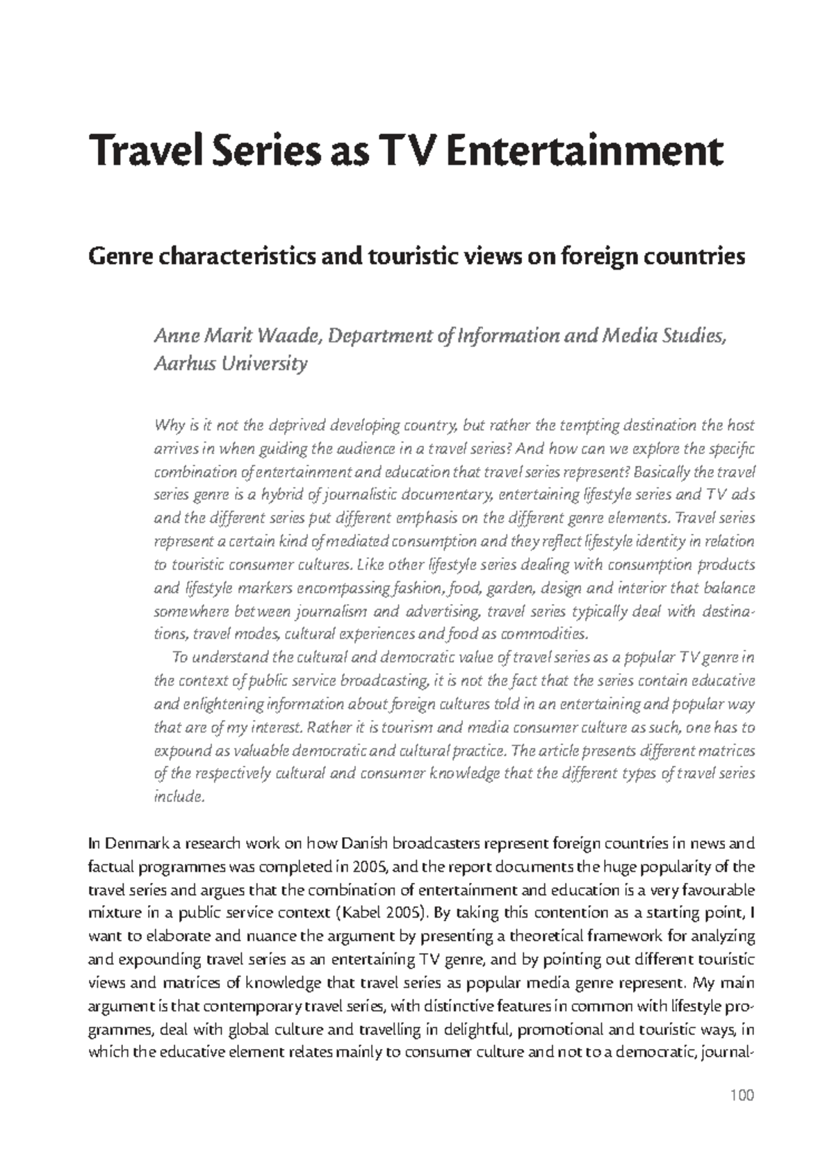 Travel Series as TV Entertainment: Genre Analysis - Studocu