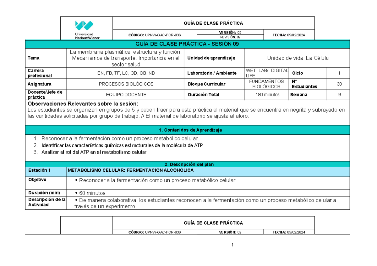 Guía de Clase Práctica: UPNW-GAC-FOR-036 sobre Fermentación y ATP - Studocu
