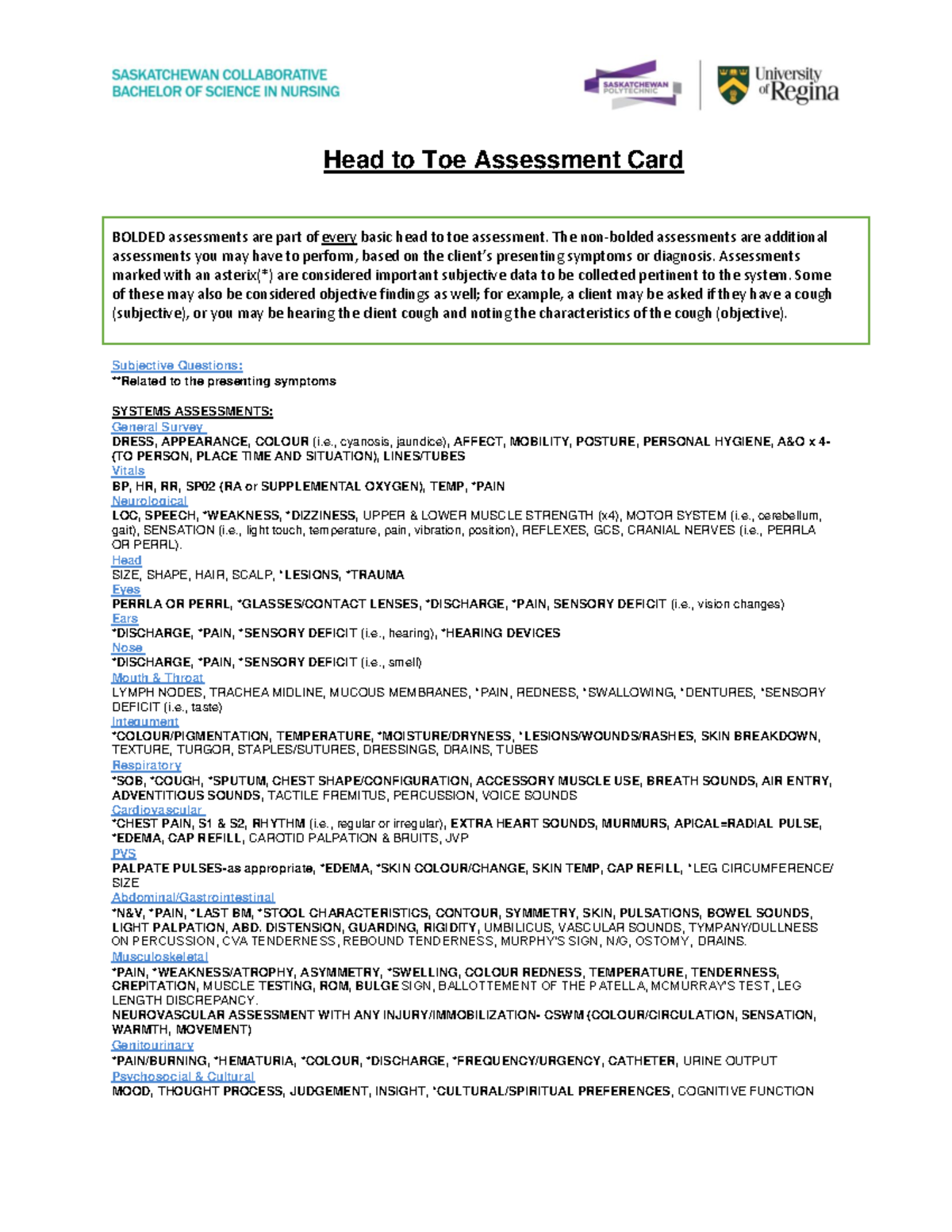 Head to Toe Assessment Card: Essential Evaluations and Findings - Studocu