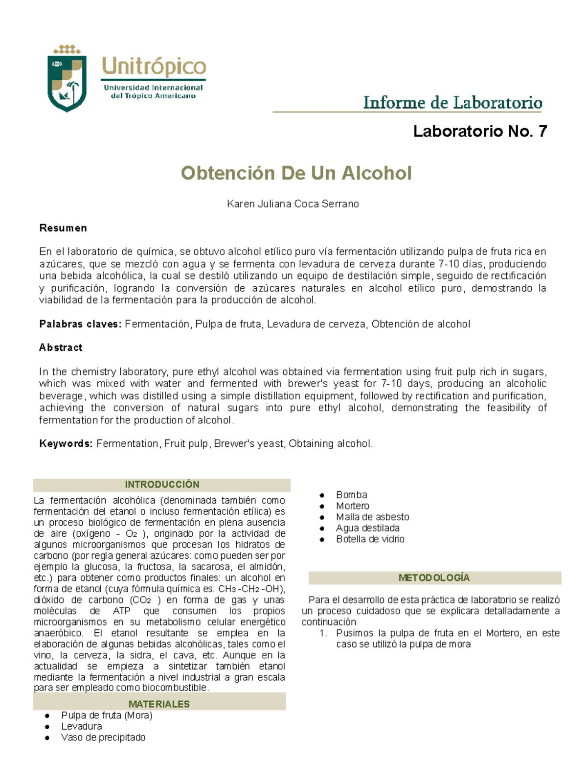 Laboratorio No 7 - informe de practicas del tema de obtención de un ...