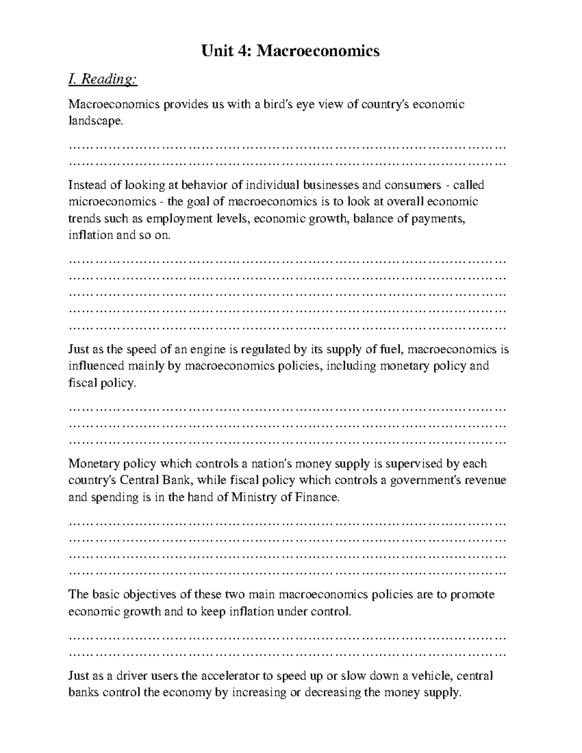 Unit 4: Macroeconomics I - Key Concepts and Comprehension Questions ...
