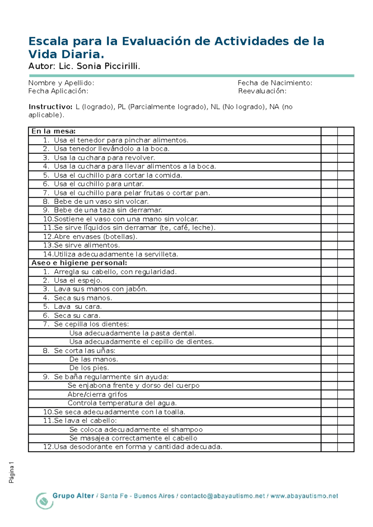 Escala para la Evaluación de Actividades de la Vida Diaria. - Autor ...