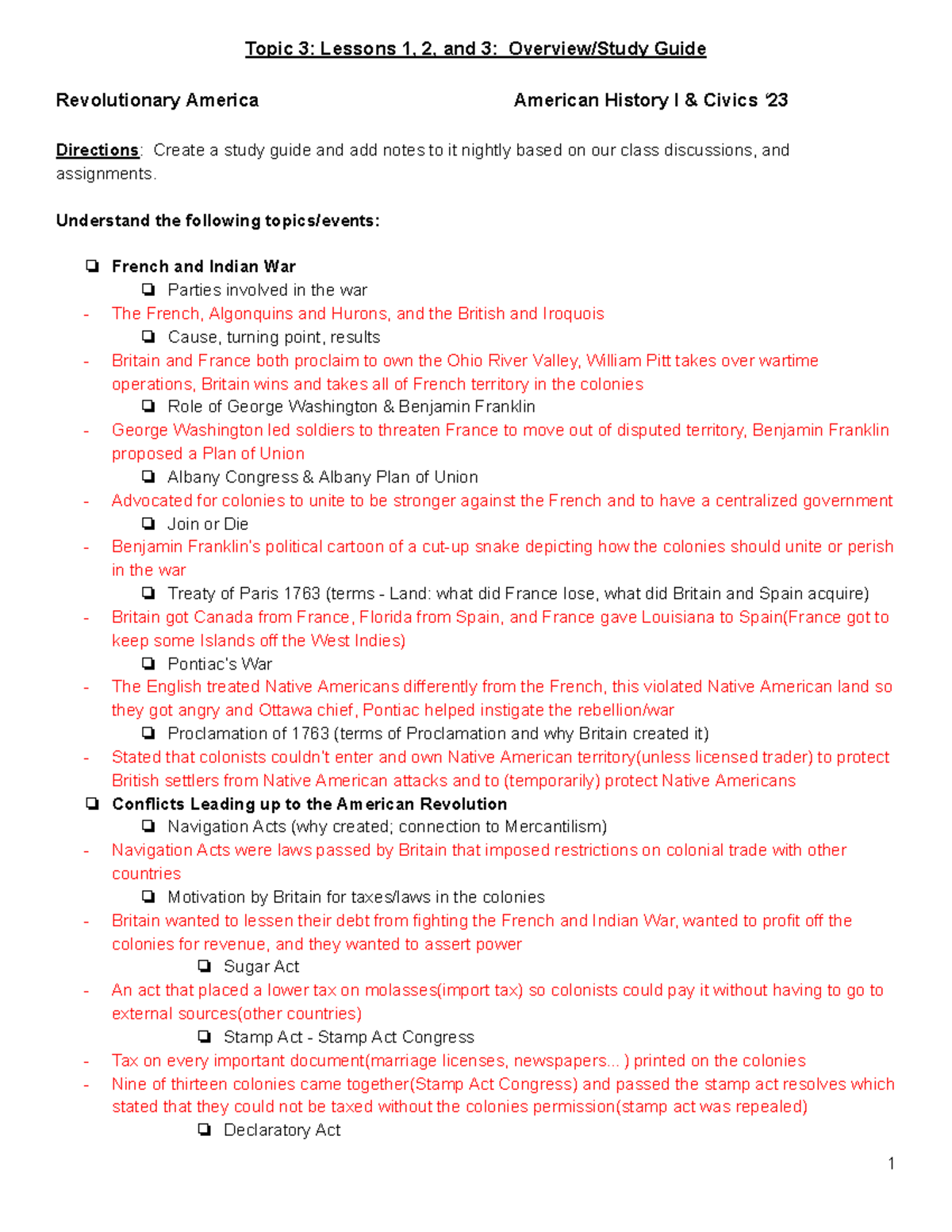 Topic 3: Lessons 1-3 Study Guide for Revolutionary American History I ...