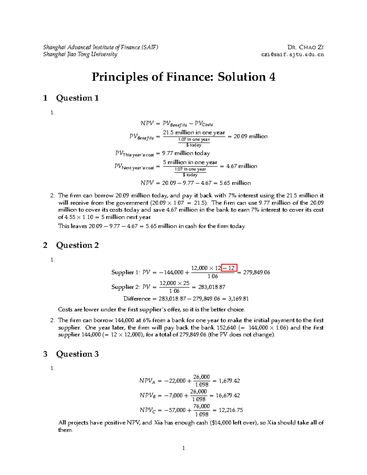 SAIF Finance Principles: Solutions to Key Questions (Solution 4) - Studocu