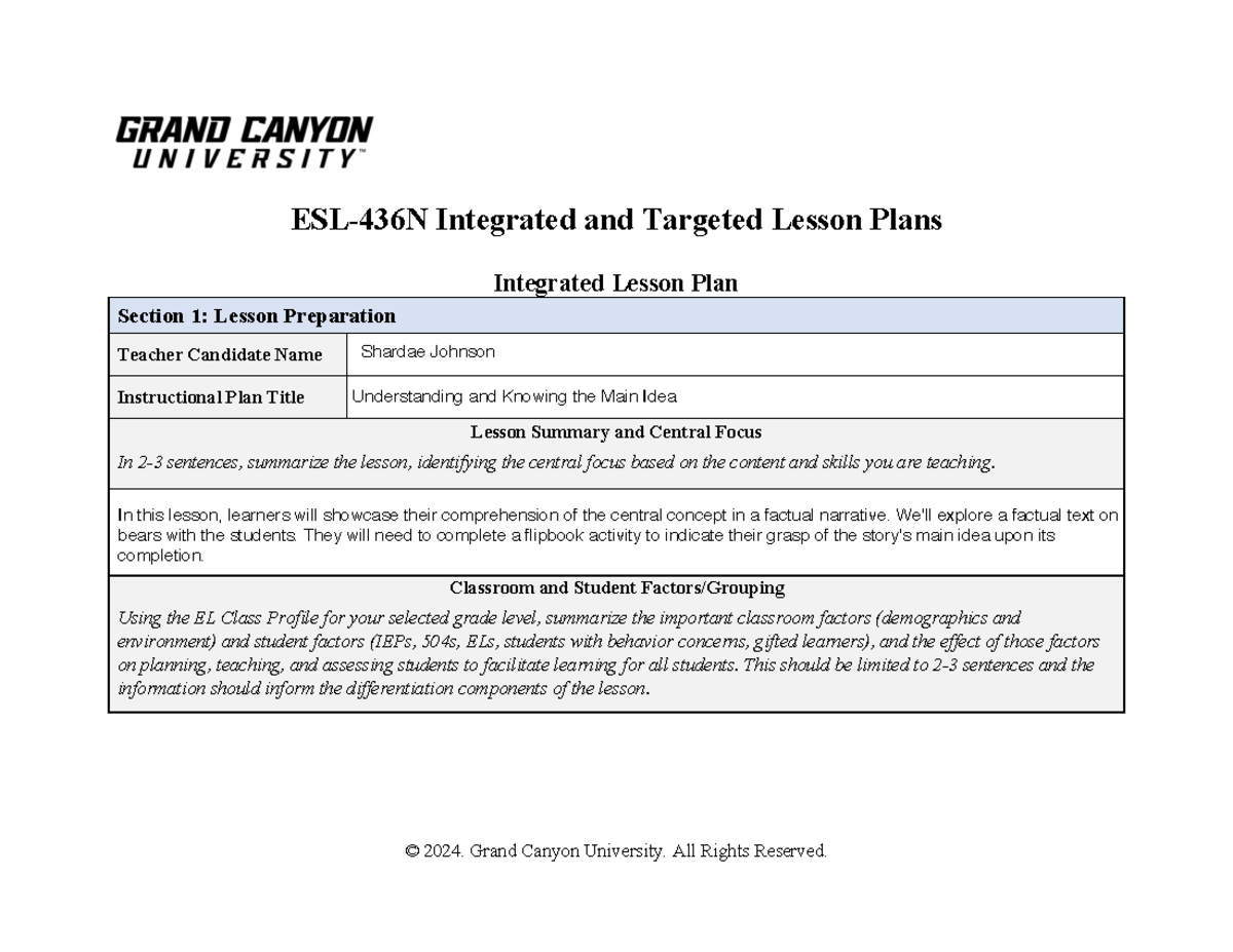 Sjesl-436N-RS-T7-Integrated & Targeted Lesson Plans Overview - Studocu