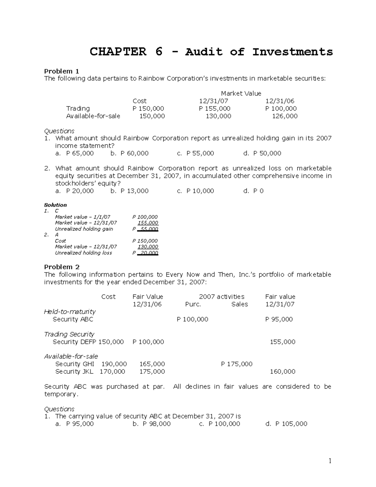 Audit of Investments - Sample Problems & Solutions (COURSE CODE) - Studocu