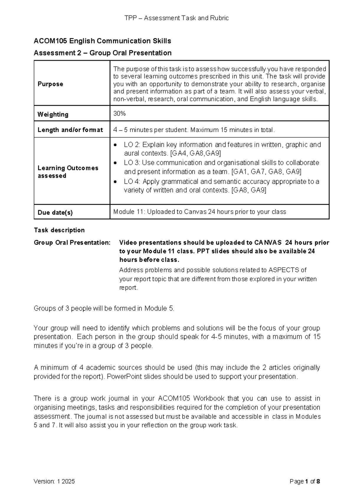 ACOM105 Group Oral Presentation Assessment 2 Rubric and Guidelines ...