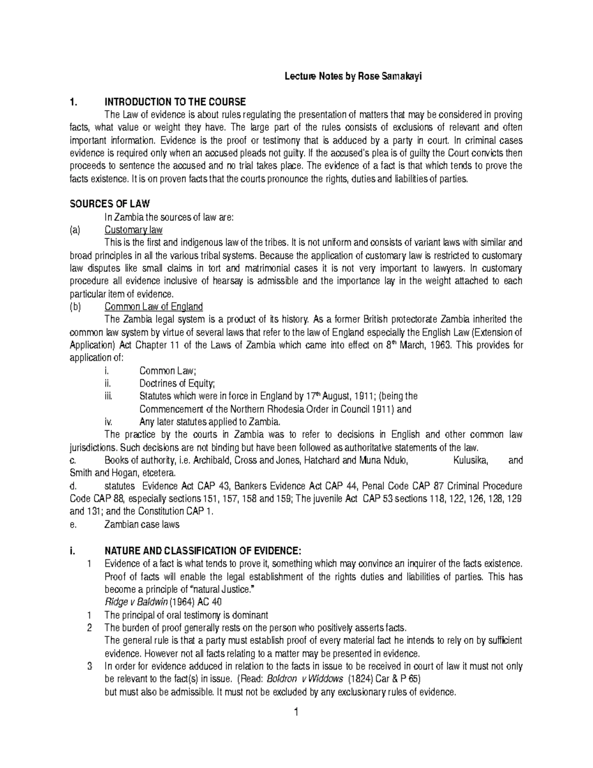 LAW OF Evidence Cases - Law - UNIT 1 Real Evidence Kabwe Transport v ...