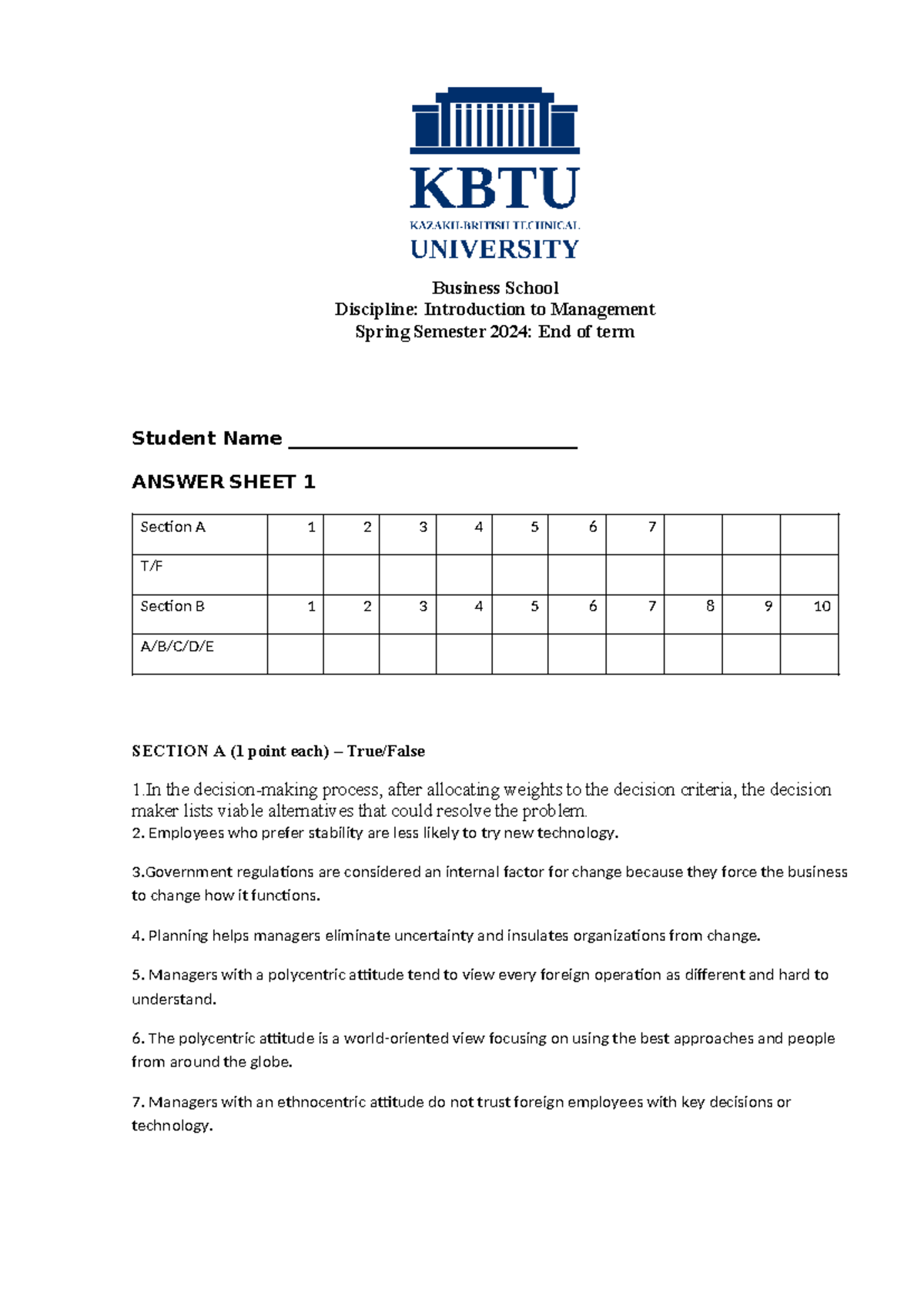 BUS 101: Intro to Management Spring 2024 End of Term Exam Answers - Studocu
