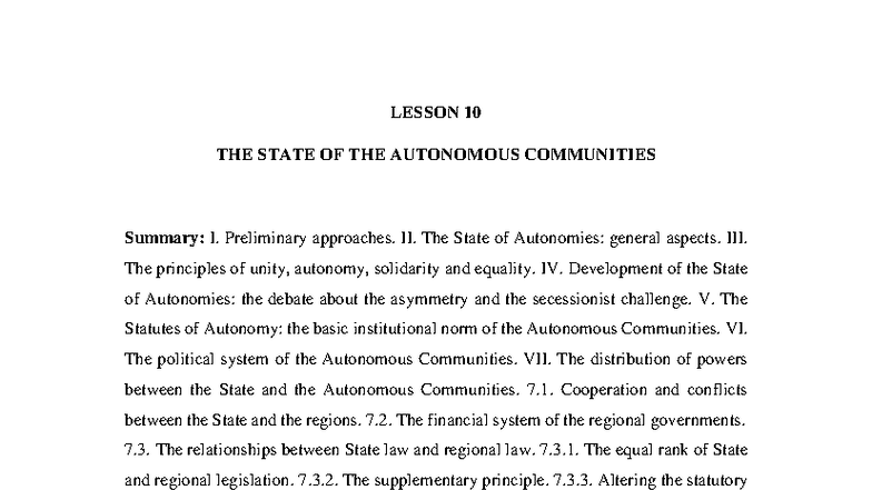 Lesson 10: The State of the Autonomous Communities Overview - Studocu