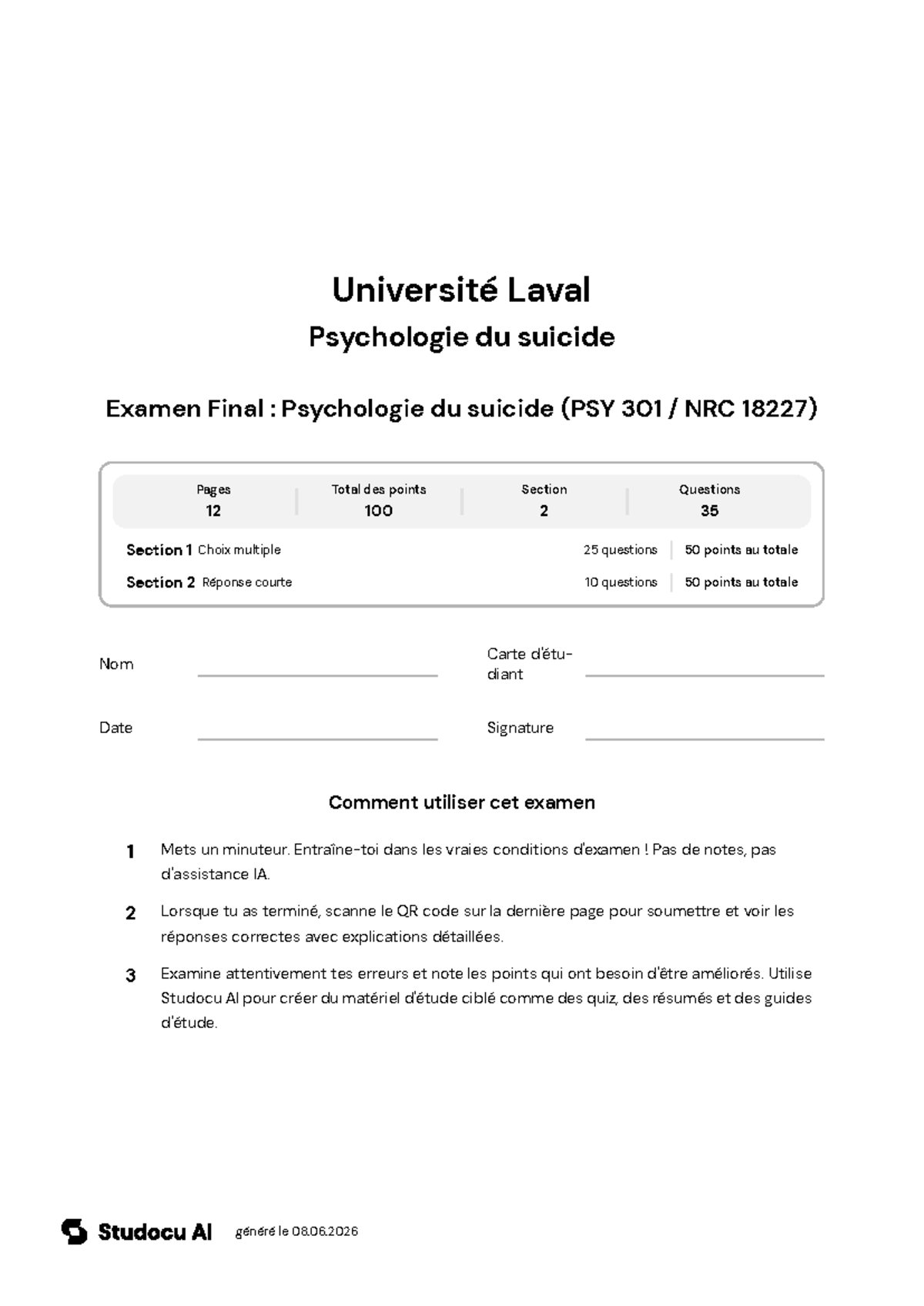 Examen Final : Psychologie du suicide (PSY 301) - Studocu