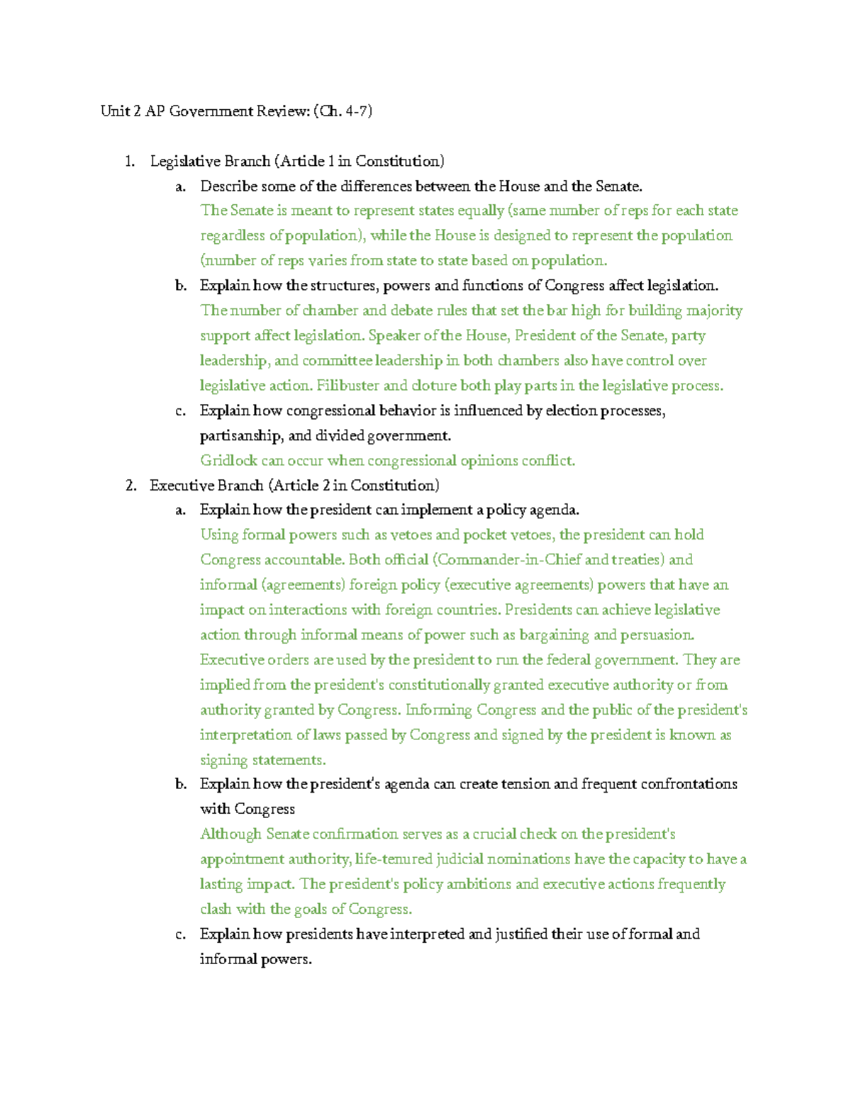 AP Gov Unit 2 Review Guide: Legislative Branch (Ch. 4-7) - Studocu