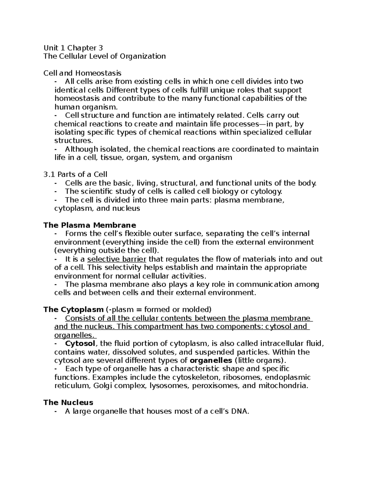 Ch. 3 Notes - Unit 1: The Cellular Level of Organization and ...
