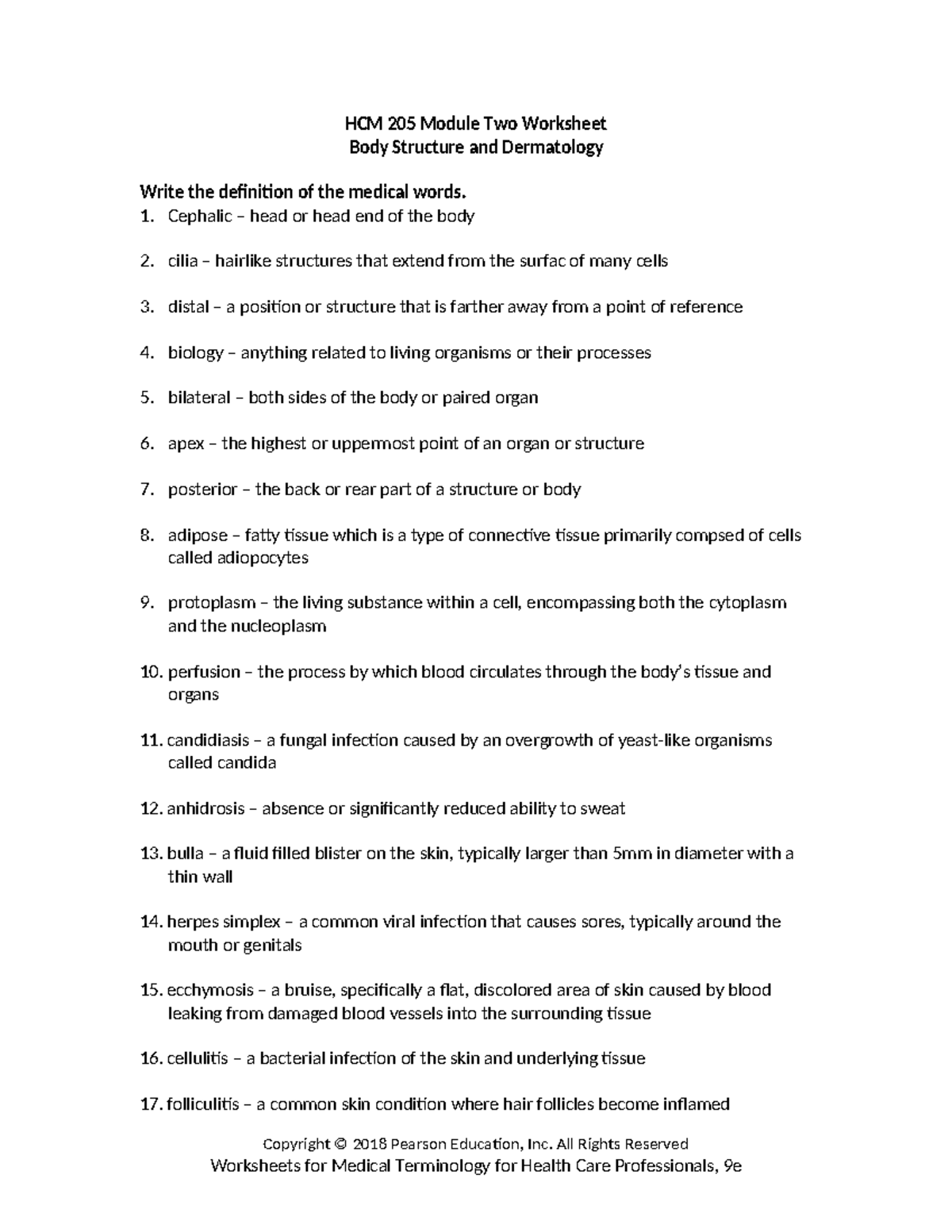 HCM 205 Module Two Worksheet: Body Structure & Dermatology Terms - Studocu