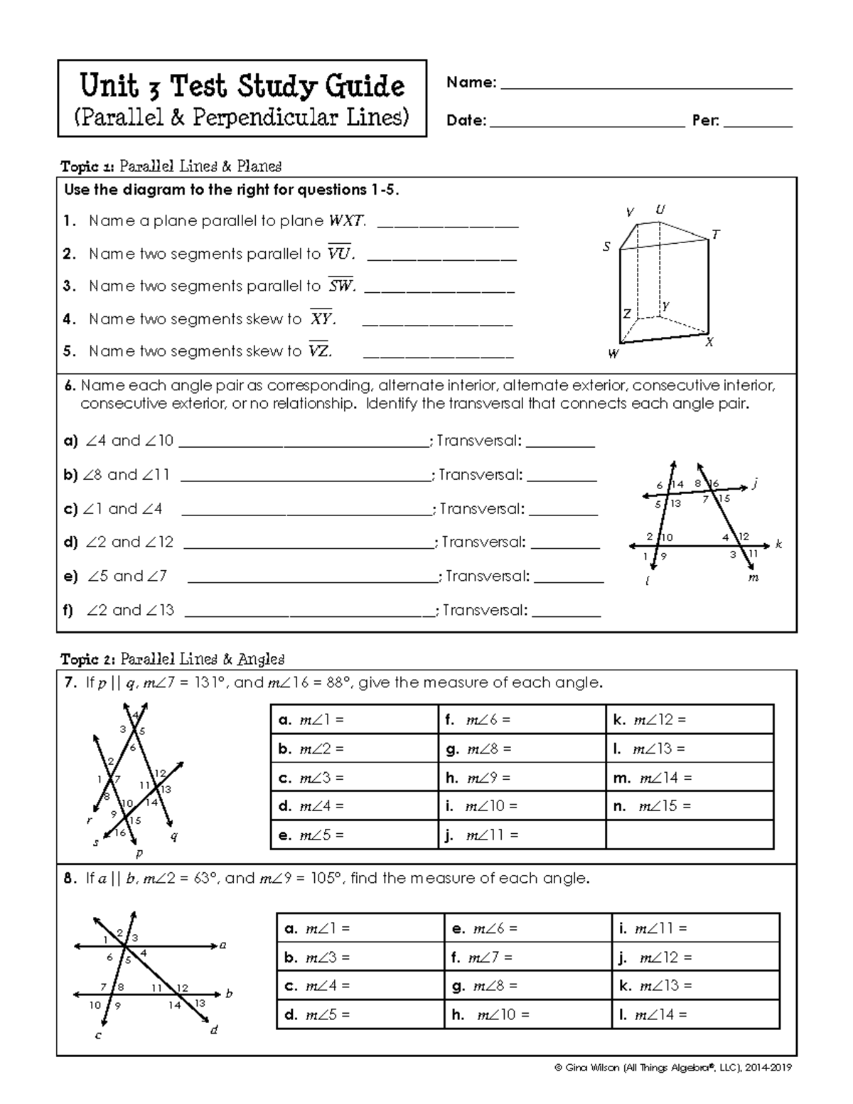 Unit 3 Test Study Guide: Parallel & Perpendicular Lines - Studocu