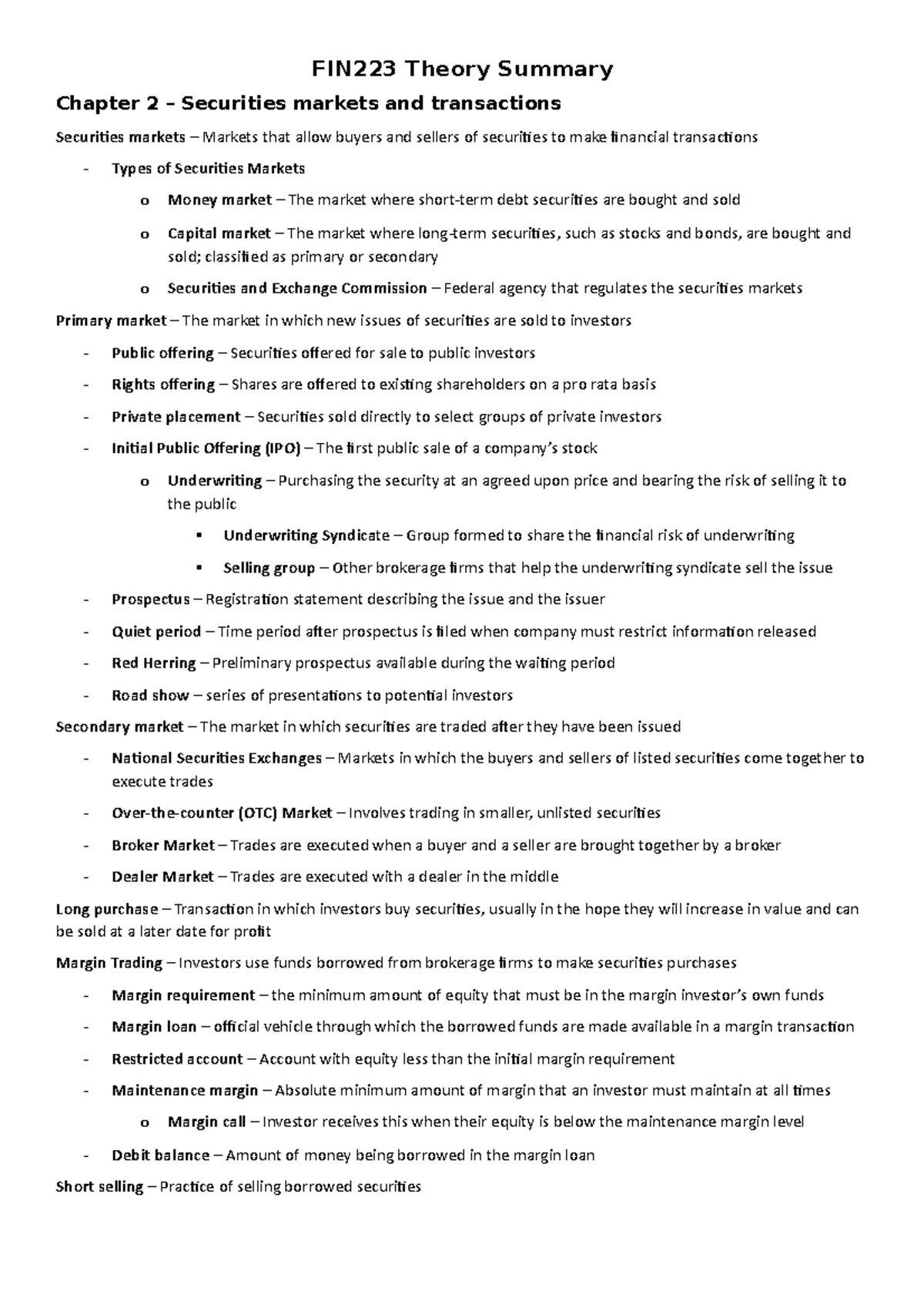 FIN223 Theory Summary - FIN223 Theory Summary Chapter 2 – Securities ...