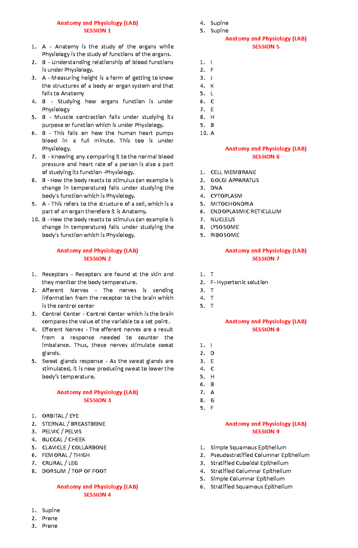 Anatomy and Physiology (LAB) Answer Key for Sessions 1-23 - Studocu