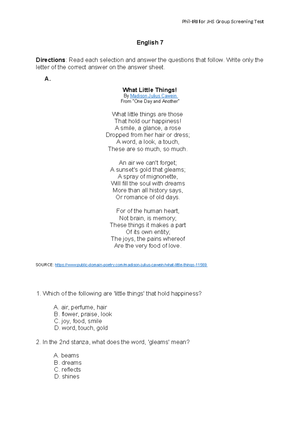 JHS Group Screening Test: English 7 Learner's Copy - Studocu