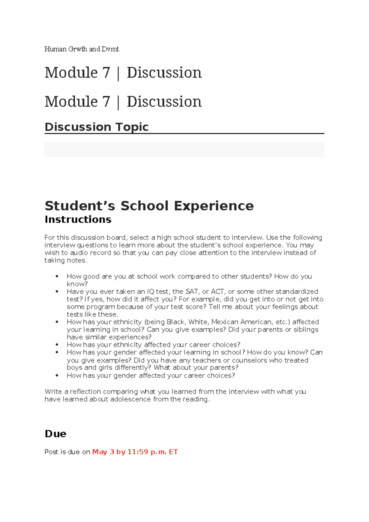 Discussion 7 - EPS 100 LECTURE NORES TOPIC 2 - Human Grwth and Dvmt ...