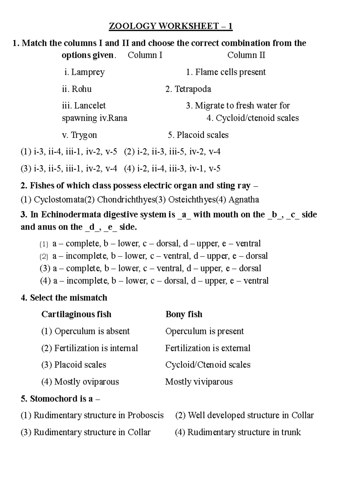 ZOOLOGY WORKSHEET 1: Matching and Concept Questions - Studocu
