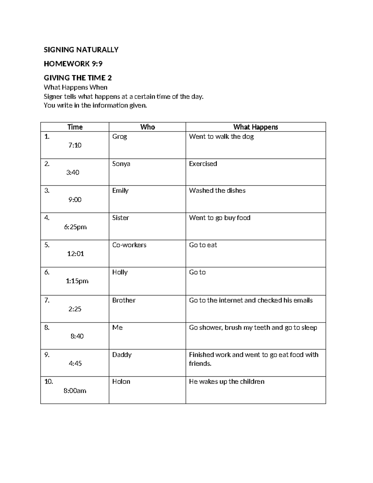 Homework 9: Signing Naturally - Giving the Time 2 - Studocu