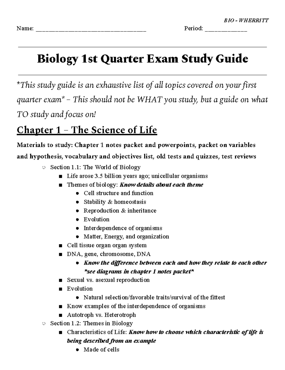 BIO 1st Quarter Exam Study Guide - Wherritt Overview of Key Topics ...