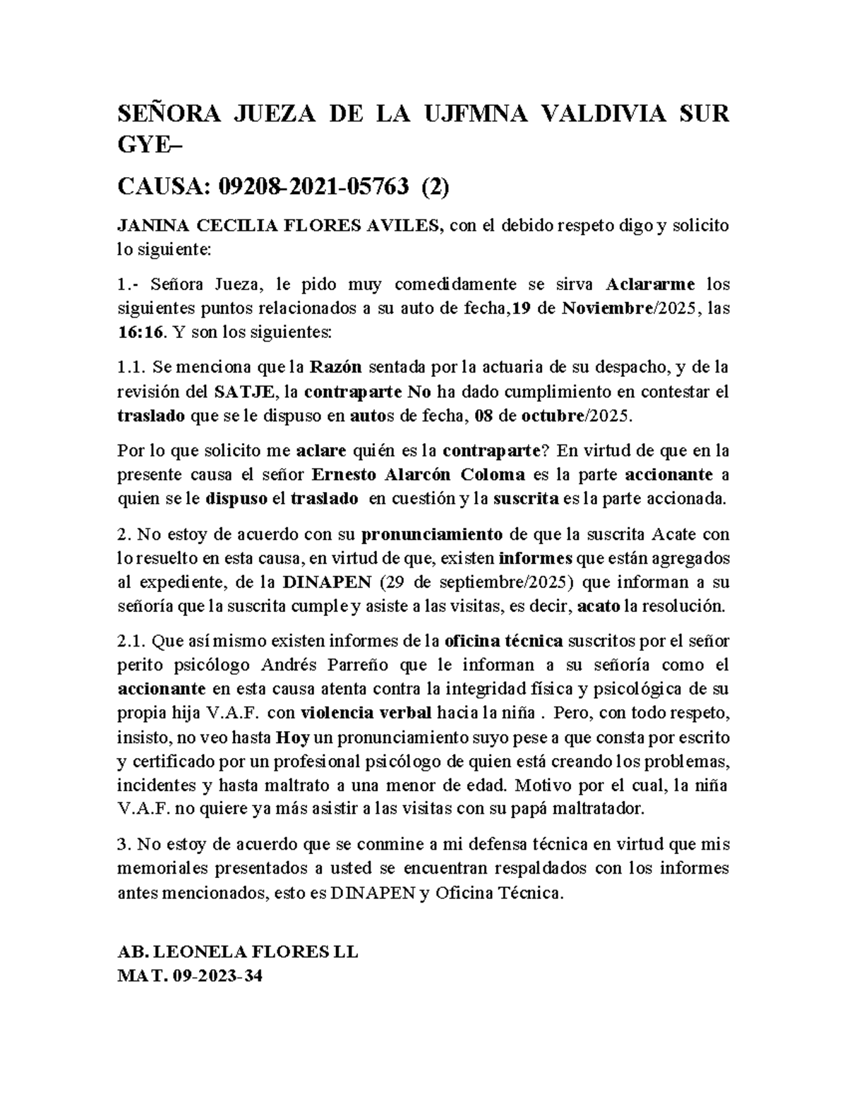 Sra. Janina Flores: Solicitud de Aclaración en Causa Judicial - Studocu