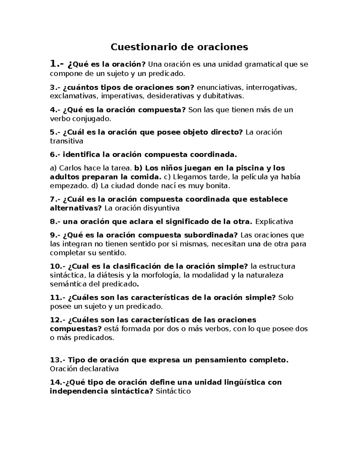 Cuestionario de Oraciones: Tipos y Características en Gramática - Studocu