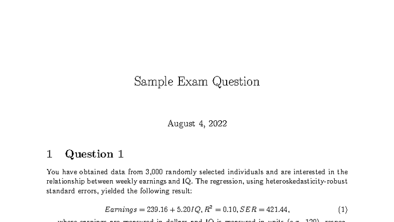 Sample Exam Questions for Regression Analysis - August 2022 - Studocu