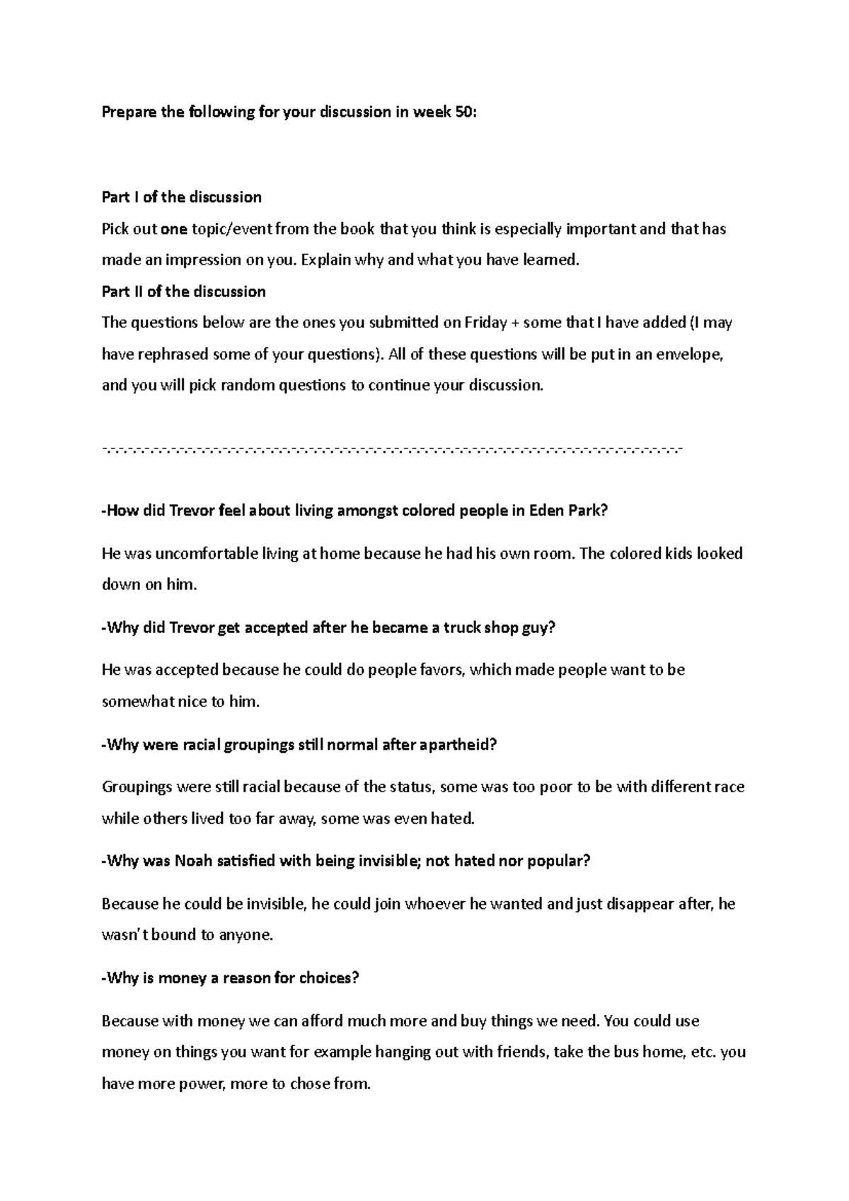 Discussion Questions for Born a Crime (Trevor Noah) - Week 50 - Studocu