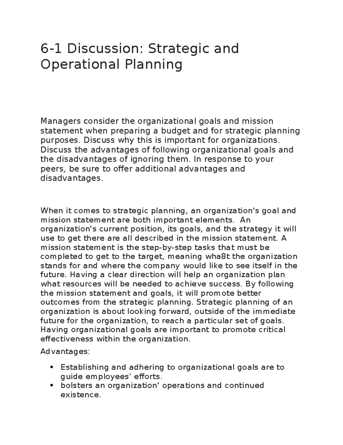 Discussion 6: Importance of Strategic & Operational Planning - Studocu