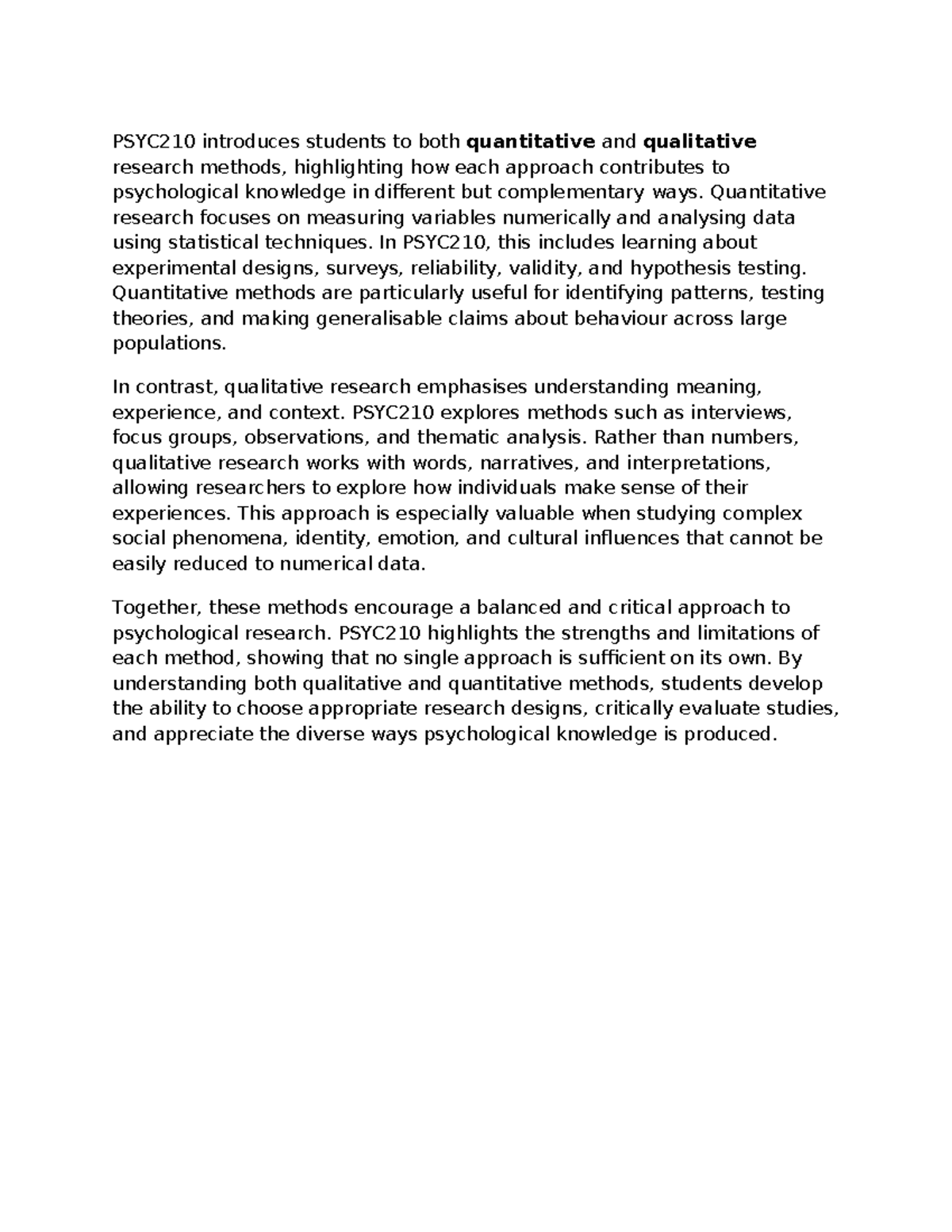 PSYC210: Qualitative & Quantitative Research Methods Overview - Studocu