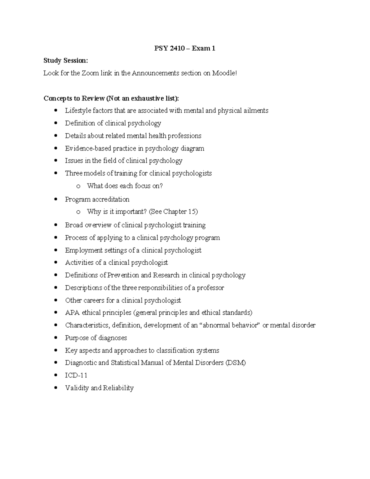 PSY 2410 Clinical Psychology Exam 1 Study Guide & Review Questions ...